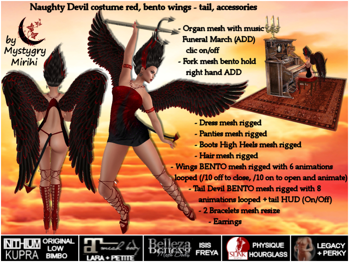 Second Life Marketplace - Naughty Devil costume red,hair,bento wings,tail animated,boots,organ ...